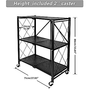 YSSOA 3-Tier Heavy Duty Foldable Metal Rack Storage Shelving Unit with Wheels Moving Easily Organizer Shelves Great for Garage Kitchen, Black