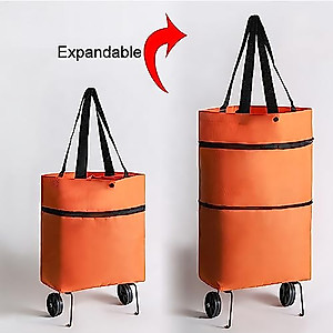 Collapsible Trolley 16 Gallon Capacity Bags Folding Shopping Bag with Wheels Foldable Shopping Cart Reusable Shopping Bags Grocery Bags Shopping Trolley Bag on Wheels (Orange)