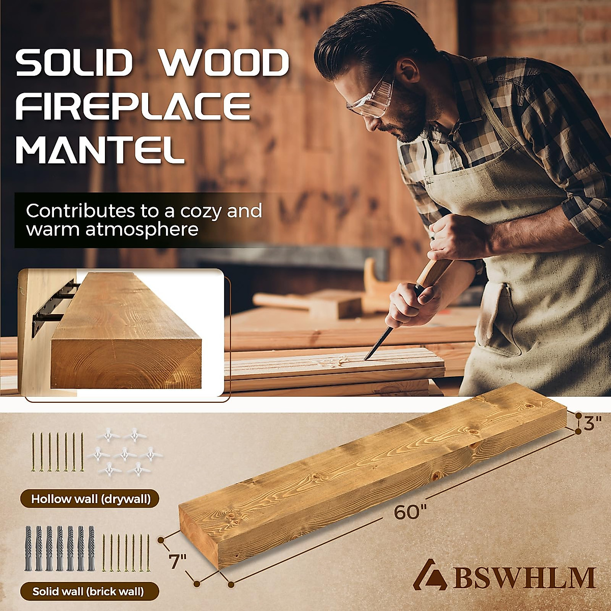 ABSWHLM 60x7x3 Fireplace Mantel - Solid Rustic Wood - Wall Mounted Floating Shelf with Invisible Heavy Duty Steel Bracket (Natural Wood)