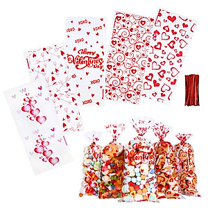 Kesoto 100 Pieces Red Valentines Day Cellophane Treat Bags for Kids, Clear Heart Goodie Candy Snack Bags Bulk with Twist Ties for Valentines Party Favor Supplies