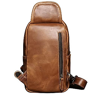 Guimiaray Vintage Men's Sling Bag Crazy Horse Leather Chest Bag Large capacity multifunction Casual Crossbody bag (Brown)