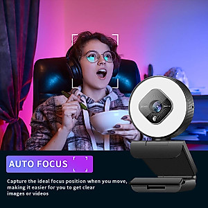 1080P Webcam with Ring Light and Dual Microphone, Advanced Auto-Focus, Adjustable Brightness, 2021 JETAKU Streaming Web Camera for Zoom Skype YouTube, PC Mac Laptop Desktop (Black)