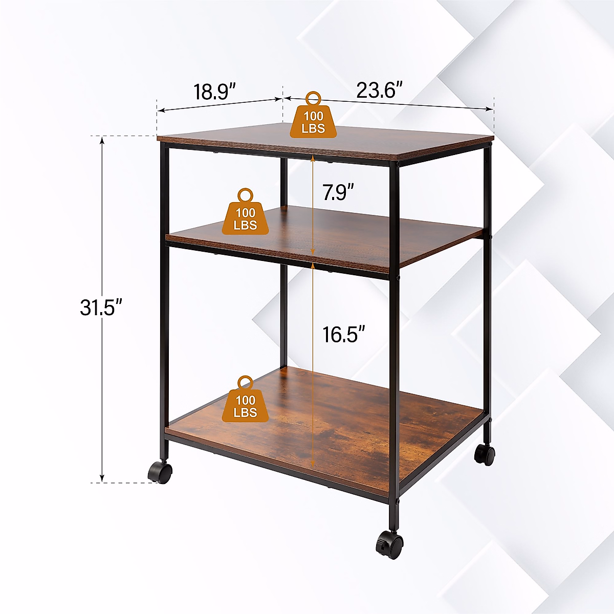 EMERIT Large Printer Stand, 23.6" W x 18.9" D x 31.5" H Printer Table with Adjustable Storage Shelf, 3 Tier Rolling Laser Printer Cart with Wheels for Home Office- Support 100 LBS Each Tier