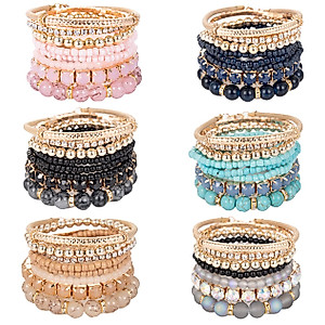 FINZOR 48Pcs Bohemian Stackable Bead Bracelets for Women Multicolor Stretch Beaded Bracelets Layered Bead Adjustable Bracelet Black Turquoise Stretch Bracelets