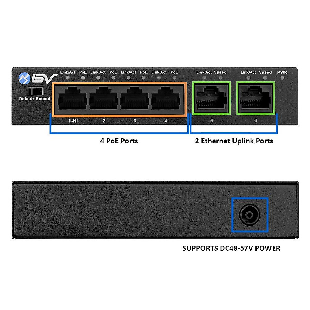 BV-Tech 6 Port PoE+ Switch (4 PoE+ Ports with 2 Ethernet Uplink and Extend Function) – 60W – 802.3at + 1 High Power PoE Port| Desktop Fanless Design | Plug & Play | Sturdy Metal Housing
