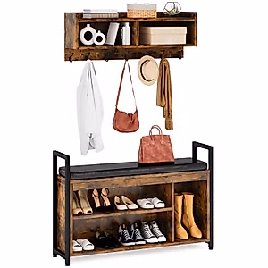 YITAHOME Hall Tree Shoe Bench with Storage, 5 in 1 Entryway Coat Rack with Shoe Bench Set, Coat Rack Wall Mount with Shoe Storage, 3 Cubbies Shelf for Entryway Bedroom Hallway, Rustic Brown