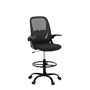 Primy Drafting Chair Tall Office Chair with Flip-up Armrests Executive Ergonomic Computer Standing Desk Chair with Lumbar Support and Adjustable Footrest Ring (Black)