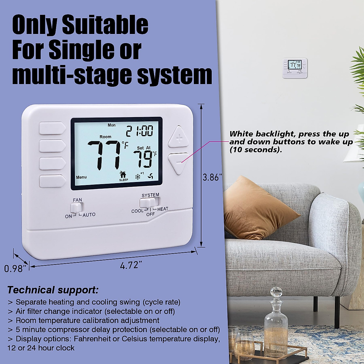 Heagstat 5-1-1 Day Programmable Thermostat for Home Conventional Single or Multistage Systems, up to 2 Heat/ 2 Cool, (with White Backlight)