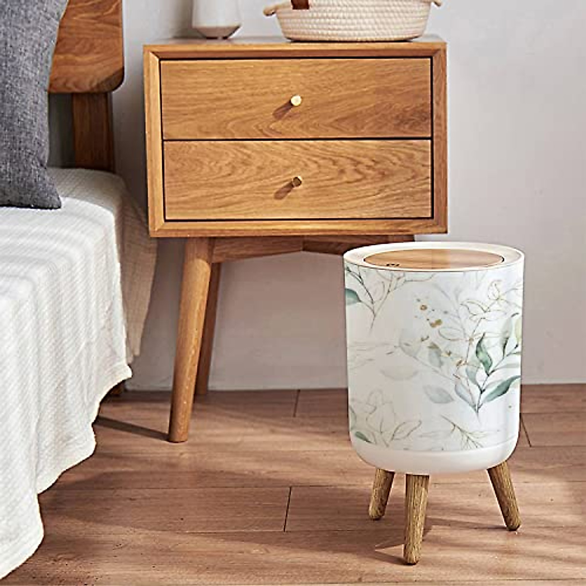Small Round Trash Can Watercolor Floral Botanical Green Gold Leaves Branches Recycle Bins with Press Top Lid Dog Proof Wastebasket for Kitchen Bathroom Bedroom Office 7L/1.8 Gallon