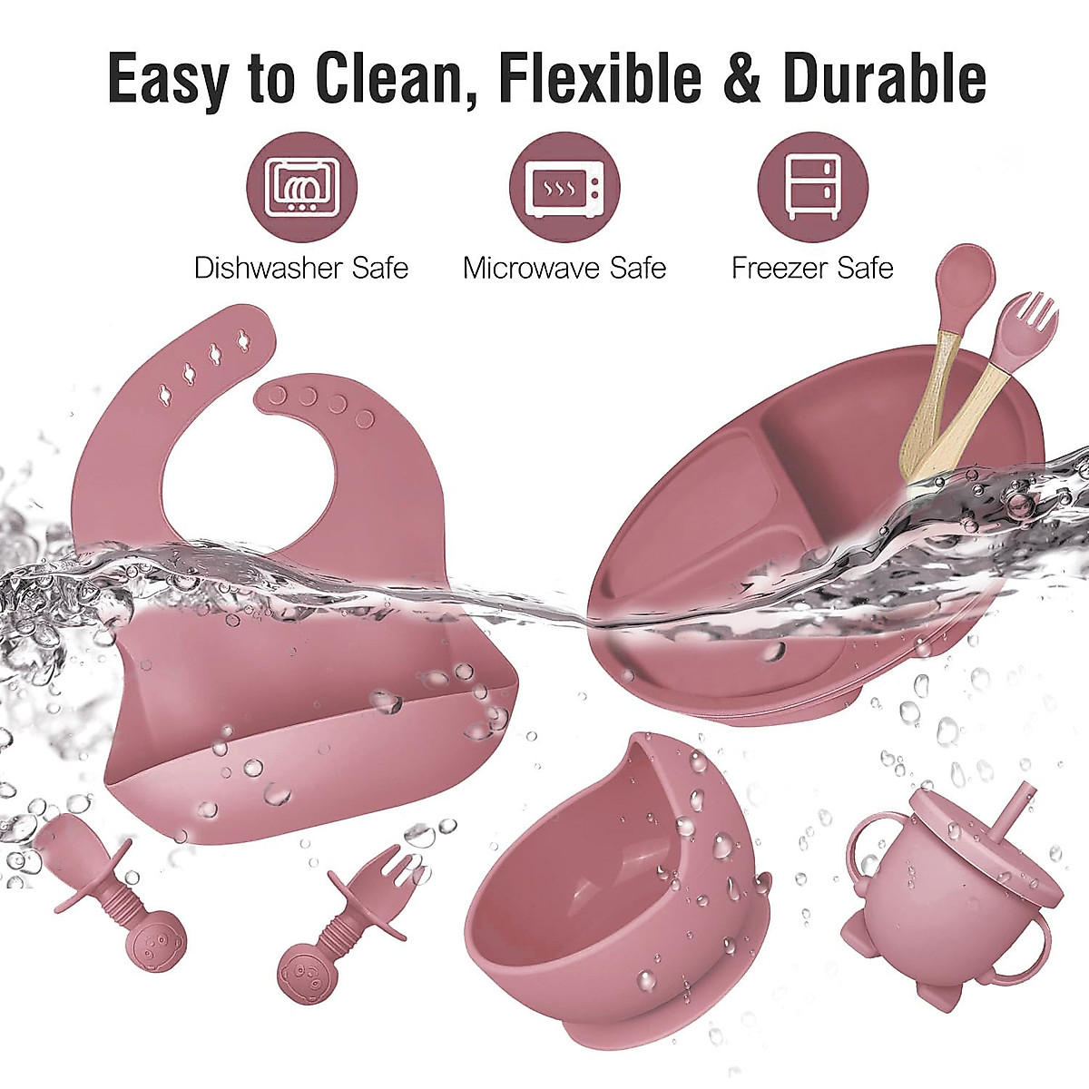 Mrkyy Baby Feeding Set 8 Piece | Baby Led Weaning Utensils Set Includes Suction Bowl and Plate, Baby Spoon and Fork, Sippy Cup with Straw and Lid | Baby Feeding Supplies - Dark Pink