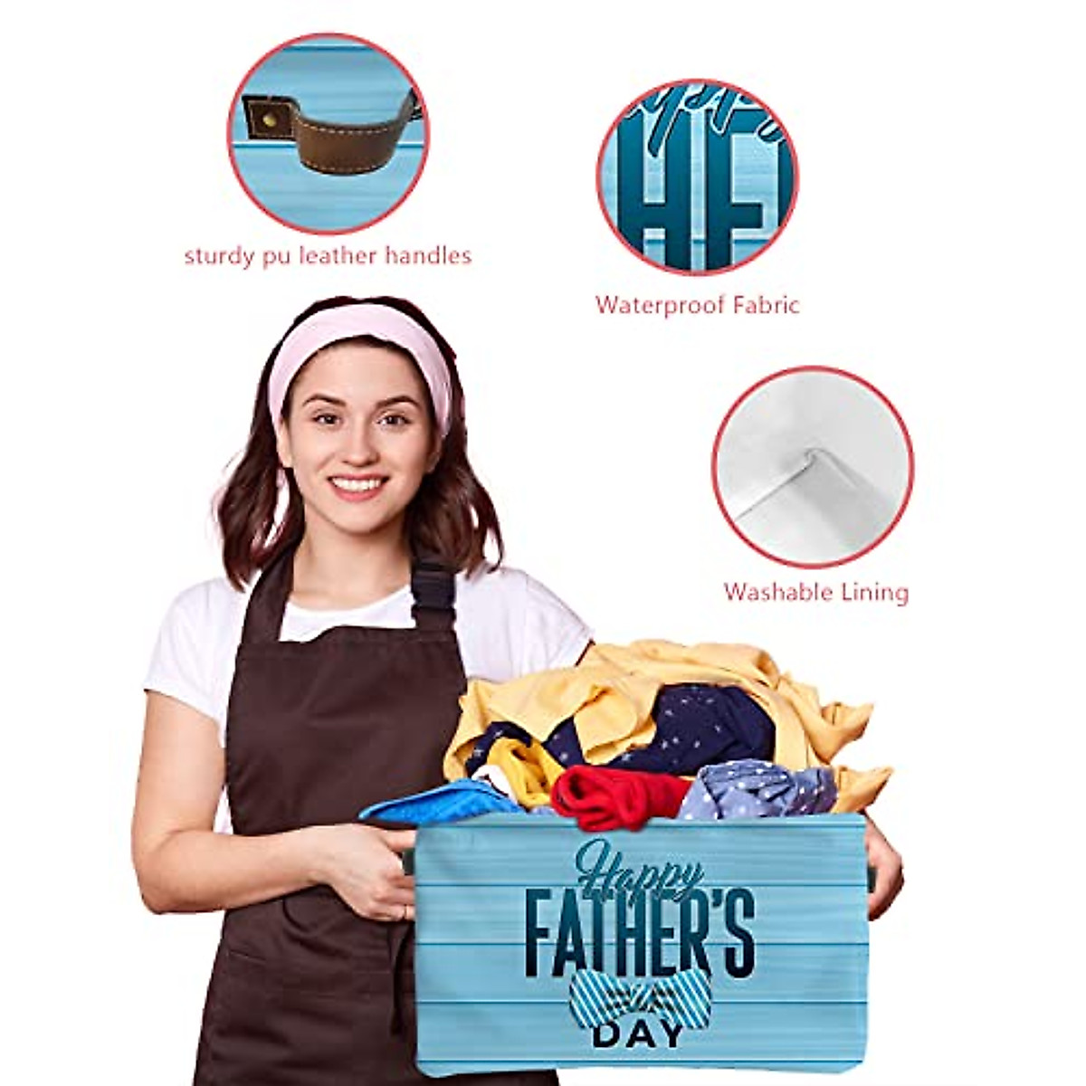 Storage Bin Foldable Storage Basket Happy Father's Day Bow Tie Blue Stripes,Large Storage Bins Handles Storage Baskets for Organizing,Farm Gradient Wood Grain Collapsible Storage Cubes Organizer 25L