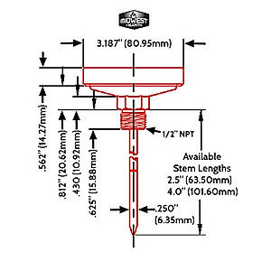 Midwest Hearth BBQ Smoker Thermometer for Barbecue Grill, Pit, Barrel 3" Dial (4" Stem Length, Glow Dial)