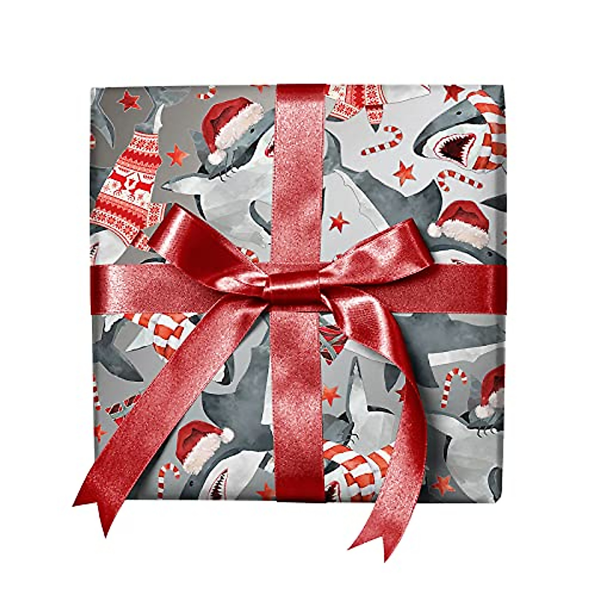 REVEL & Co Christmas Sharks FOLDED Wrapping Paper, Festive Great White Sharks with Santa Hats, 10 Feet Long Folded Boy's Christmas Giftwrap