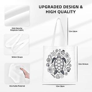TifyDon Canvas Tote Bag,Tropical Turtle Shells Reusable Large Shopping Shoulder Tote Bag For Women,Sea Art Style Top View Ocean Boho Doodle Tribal Artwork Carapace Beach Tote Bags Bulk
