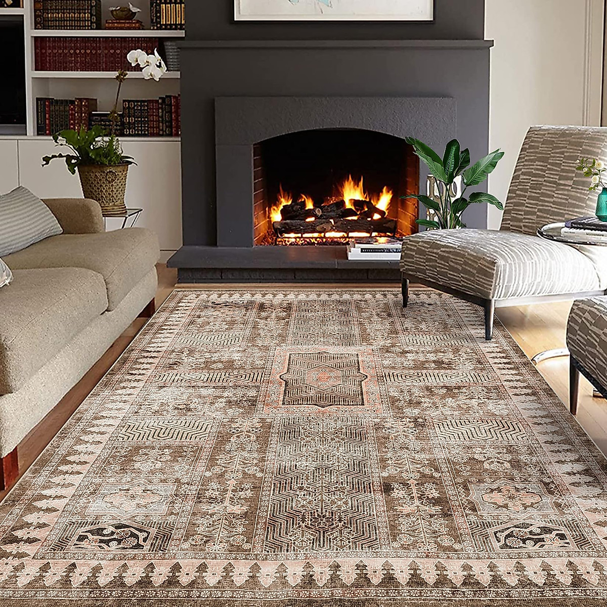Haperlare 10x13 Area Rugs Large Washable Non Slip Rug Low Pile Rug Floor Carpet Distressed Printed Area Rug Soft Area Rug for Living Room Bedroom Dinning Room Kitchen Indoor Taupe