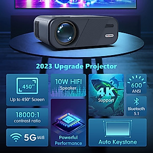 Projector with WiFi and Bluetooth, 600 ANSI 18000L 1080P, 4K Portable Projector, Auto 6D Keystone 50% Zoom, 450 '' Home Outdoor Movie Projector for PC TV Stick, iOS, Android