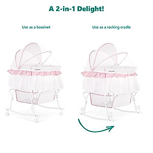 Dream On Me Lacy Portable 2-in-1 Bassinet & Cradle in Pink and White, Lightweight Baby Bassinet with Storage Basket, Adjustable and Removable Canopy