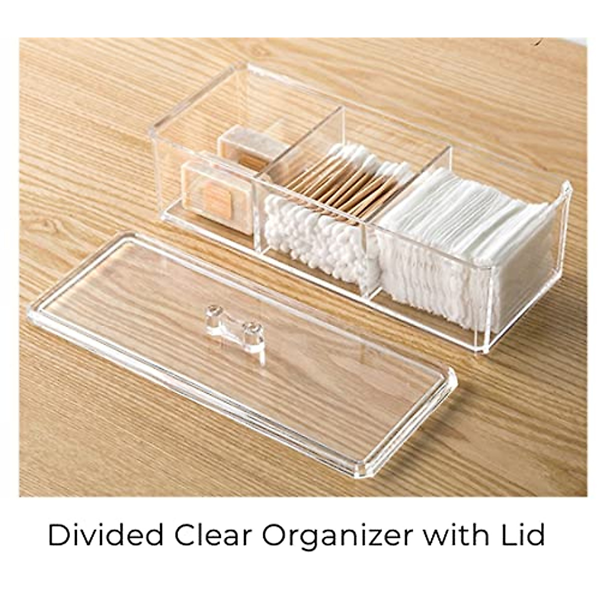 Clear Cotton Ball and Swab Holder 3 Divided Compartments with Lid, Transparent Acrylic Dresser Organizer, Waterproof Bathroom Organizers Small Plastic Storage Containers, Vanity Makeup Organization