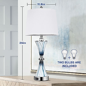 Set of 2 Blue Glass Table Lamps for Bedrooms with 2 USB ports 3-Way Dimmable Touch Coastal Bedside Lamps for Contemporary Style Modern Nightstand Lamps with 2 LED Bulbs for Home Lighting Decoration