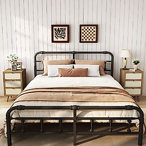 PHOYAL Rattan Nightstand Set of 2, End Table Rattan Bedside Table with Storage 3-Drawer Side Table with 3 Hand Made Rattan Decorated Drawers Wood Accent Table, Walnut 2 Pack