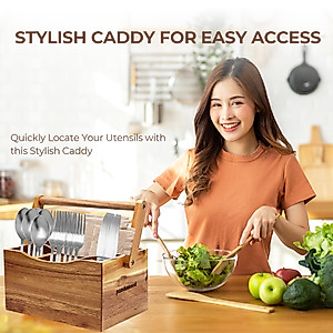 PANDAWOOD Acacia Wood Silverware Caddy - Outdoor Utensil Holder for Parties, Camping & Picnics