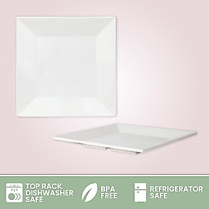 CHEFQ [4 Pack] 10" x 10" White Square Melamine Plates, Unbreakable Elegant Dinnerware Set With Sauce Dish
