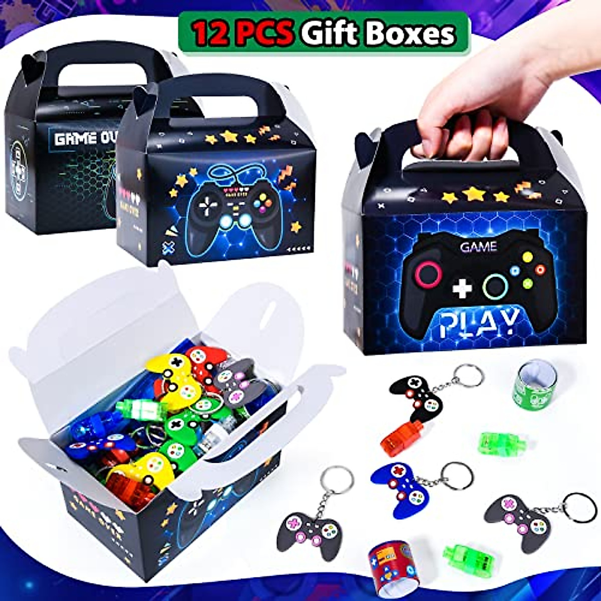 Golray 72Pcs Video Game Party Favors Kids Boy Gamer Birthday Gift with Box VIP Pass Holder LED Glasses Rings Toys for Teen Men Game On Birthday Party Supplies Decorations Pinata Goodie Bag Stuffers