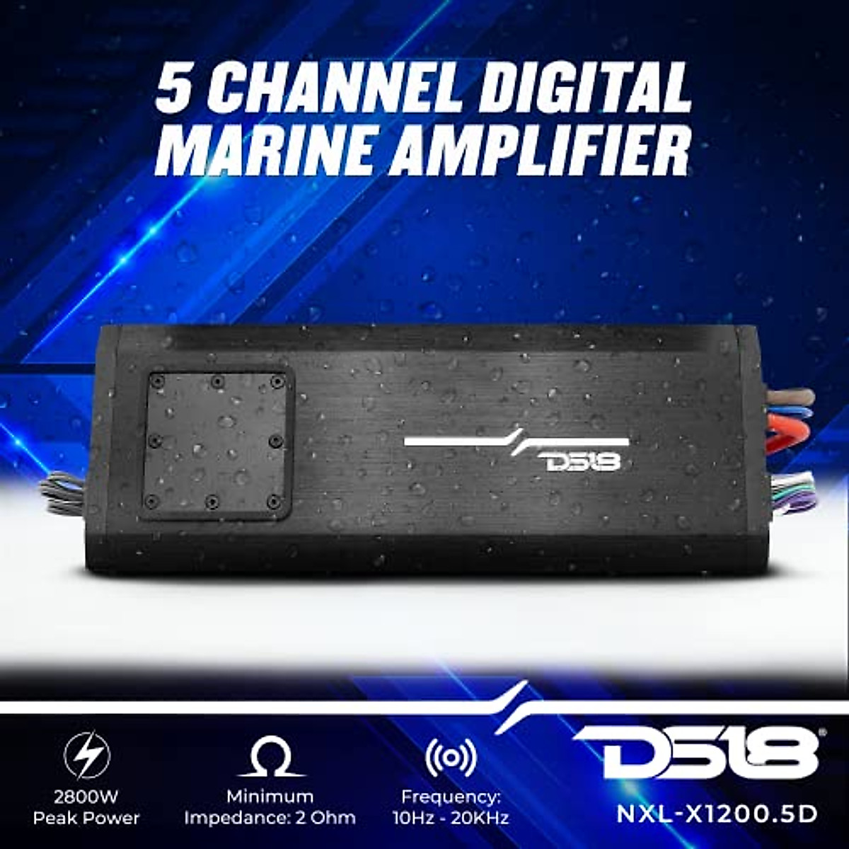 DS18 NXL-X1200.5D 5 Channel Marine Amplifier - Compact Class D Full-Range IP67 Waterproof Amp 2 Ohms 500x1 RMS 2800 Watts Great for Boats, Motorsports, Motorcycles, and All Elements Applications