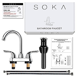 SOKA Two Handles Centerset Bathroom Faucet For Sink High Arc Stainless Steel With Deck Plate & Pop-Up Drain Assembly Fit 3 Hole Installation, Chrome (SK18001C)