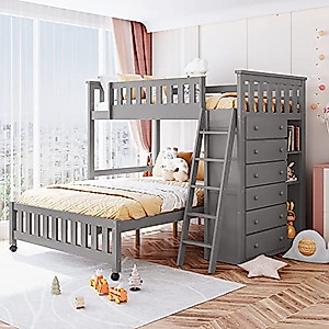 Twin Over Full Bunk Beds with Storage, Wooden L-Shape Bunk Bed Frame with 6 Drawers and Flexible Shelves, Bottom Platform Bed with Wheels can Movable, No Box Spring Needed (Grey)