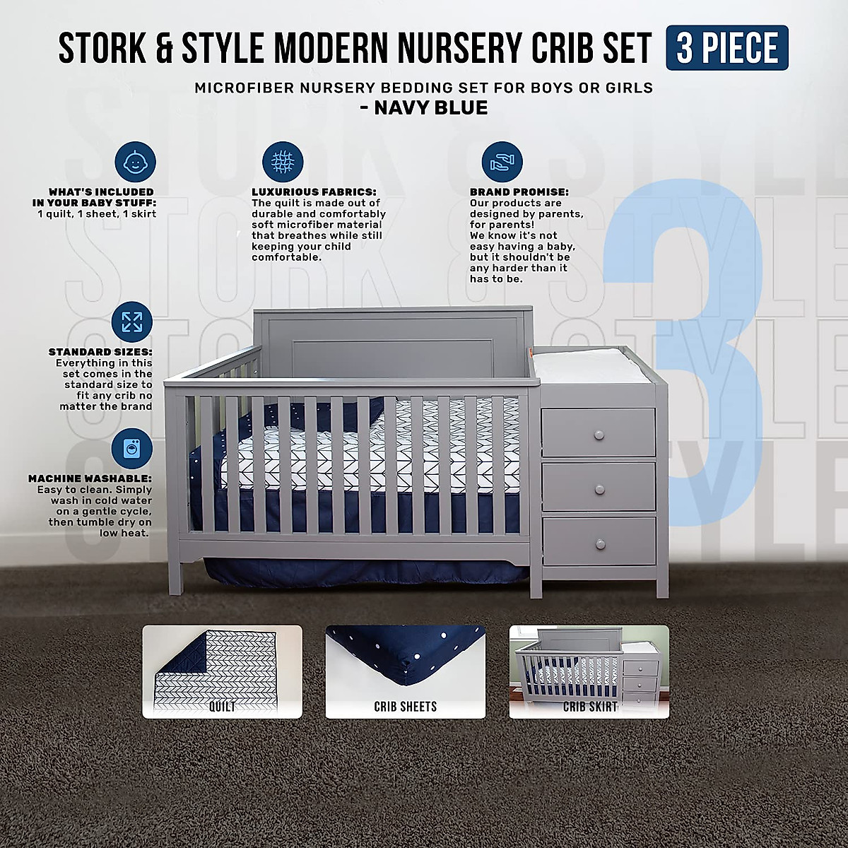 STORK & STYLE Modern Nursery Crib Set - 3 Piece - Microfiber Nursery Bedding Set for Baby Boys or Baby Girls - Navy Blue