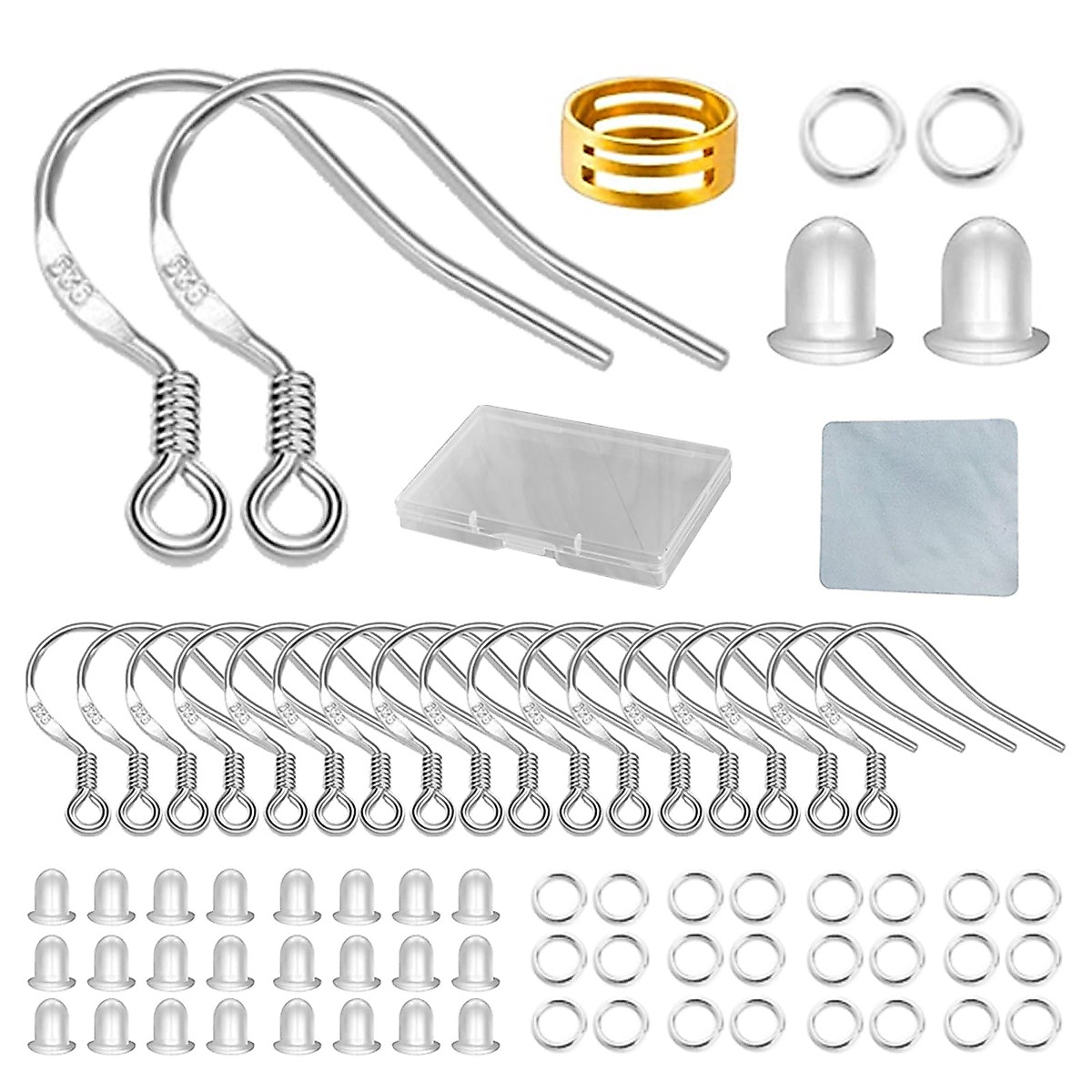 925 Sterling Silver Earring Hooks, 80 PCS/40 Pairs Ear Wires Fish Hooks, 240pcs Hypoallergenic Earring Making kit with Jump Rings and Clear Silicone Earring Backs Stoppers