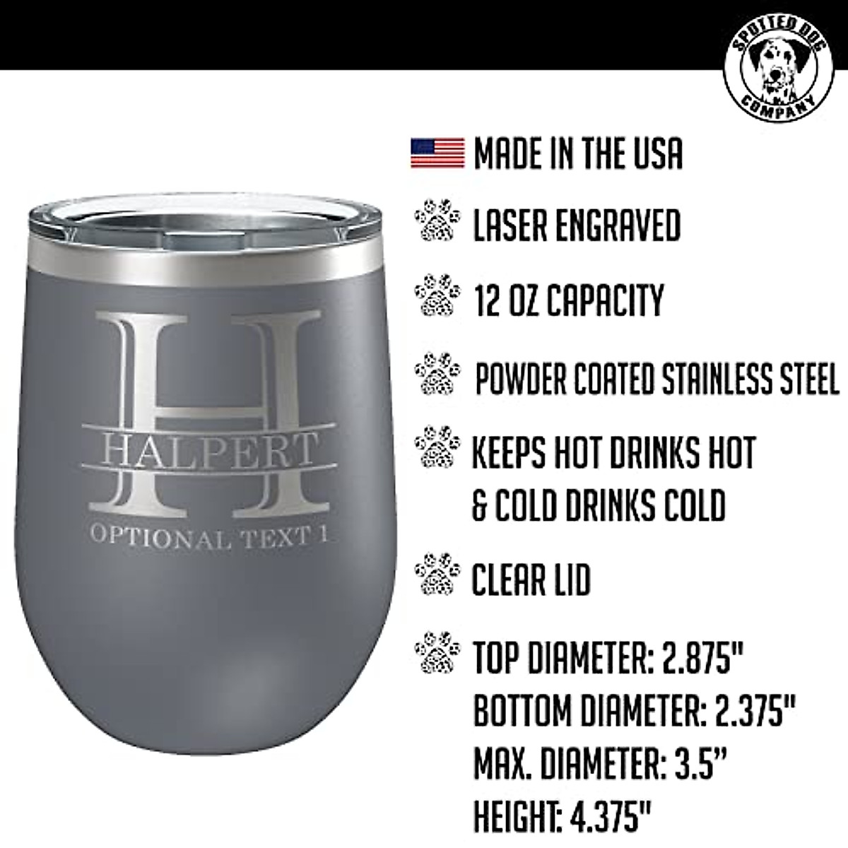 Personalized 12oz (17 Colors) Powder Coated Stainless Steel Stemless Wine Tumbler with Lid, Custom Etched, Customized Gift for Women Her, Wine Lover, Halpert Monogram Initial Name (Gray)