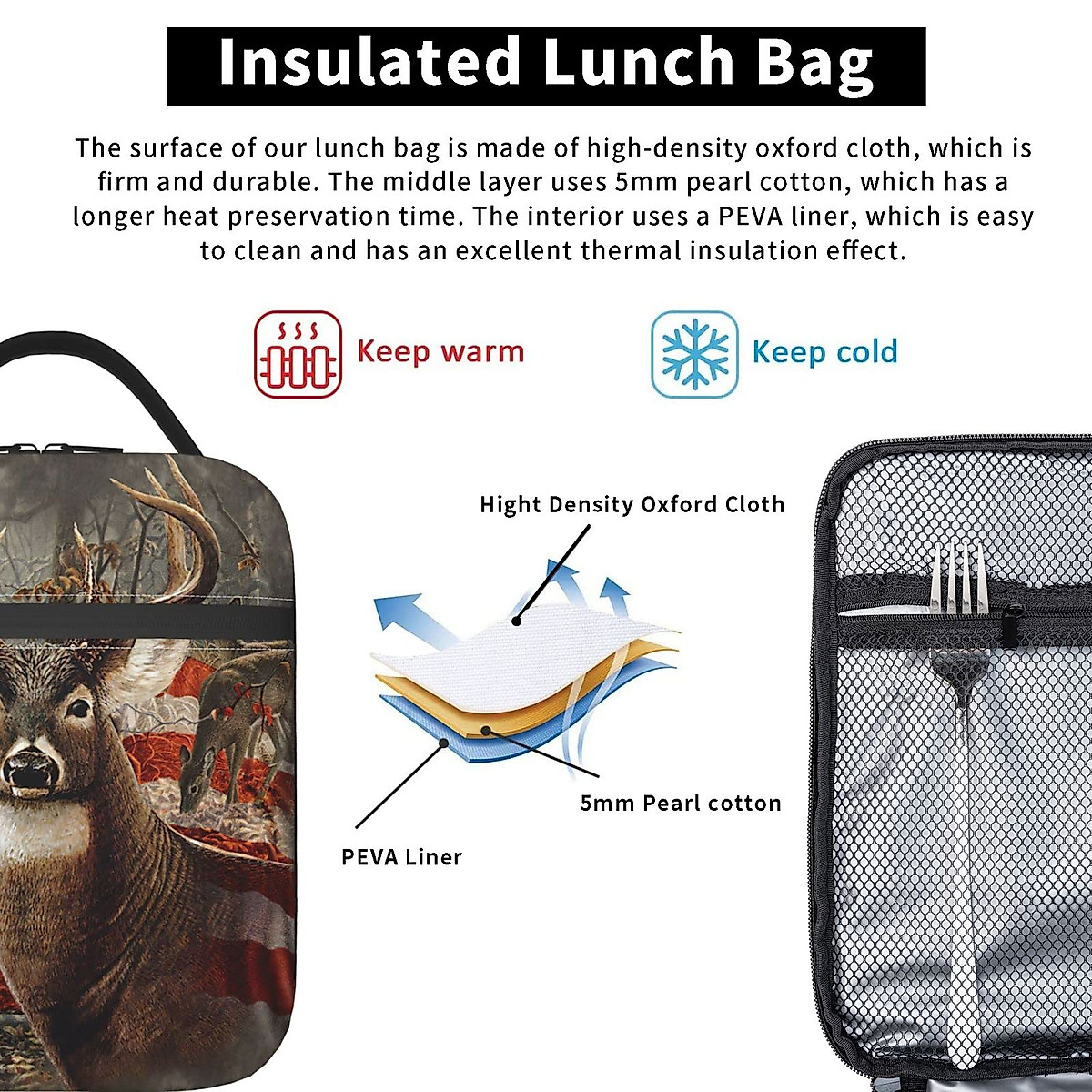 HIONHSW Retro Deer American Flag Lunch Box Insulated Lunch Bags Zipper Lunch Bag Cooler Tote Bag for Teens Girls Boys Men Women Office Picnic