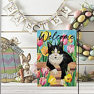 CMEGKE Spring Garden Flag, Spring Cat Garden Flag, Tulip Spring Summer Vertical Double Sided Burlap Welcome Black Cat Floral Holiday Party Rustic Farmhouse Yard Home Outdoor Decoration 12.5 x 18 In