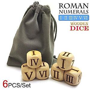 Hometu Set of 6 Pieces 20MM Wood Dice Set Creative Design Roman Number Pattern Wood Rolling Dices Party Game Roll Decider