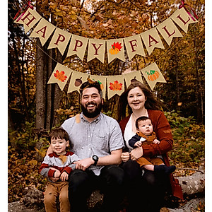 JOZON Happy Fall Burlap Banner Happy Fall Bunting Banner Garland with Pumpkins Maple Leaves Acorn Sign for Autumn Party Decorations Thanksgiving Fall Harvest Decor for Mantle Fireplace Wall