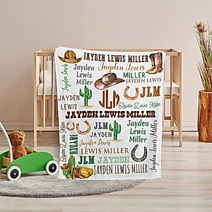 Initials Name Baby Western Blankets, Cowboy Baby Blankets, Personalized Cactus Baby Blankets for Boys Girls, Baby Boy Stuff, Custom Baby Blankets Name Fleece Blankets for Infant Newborn Son Daughter