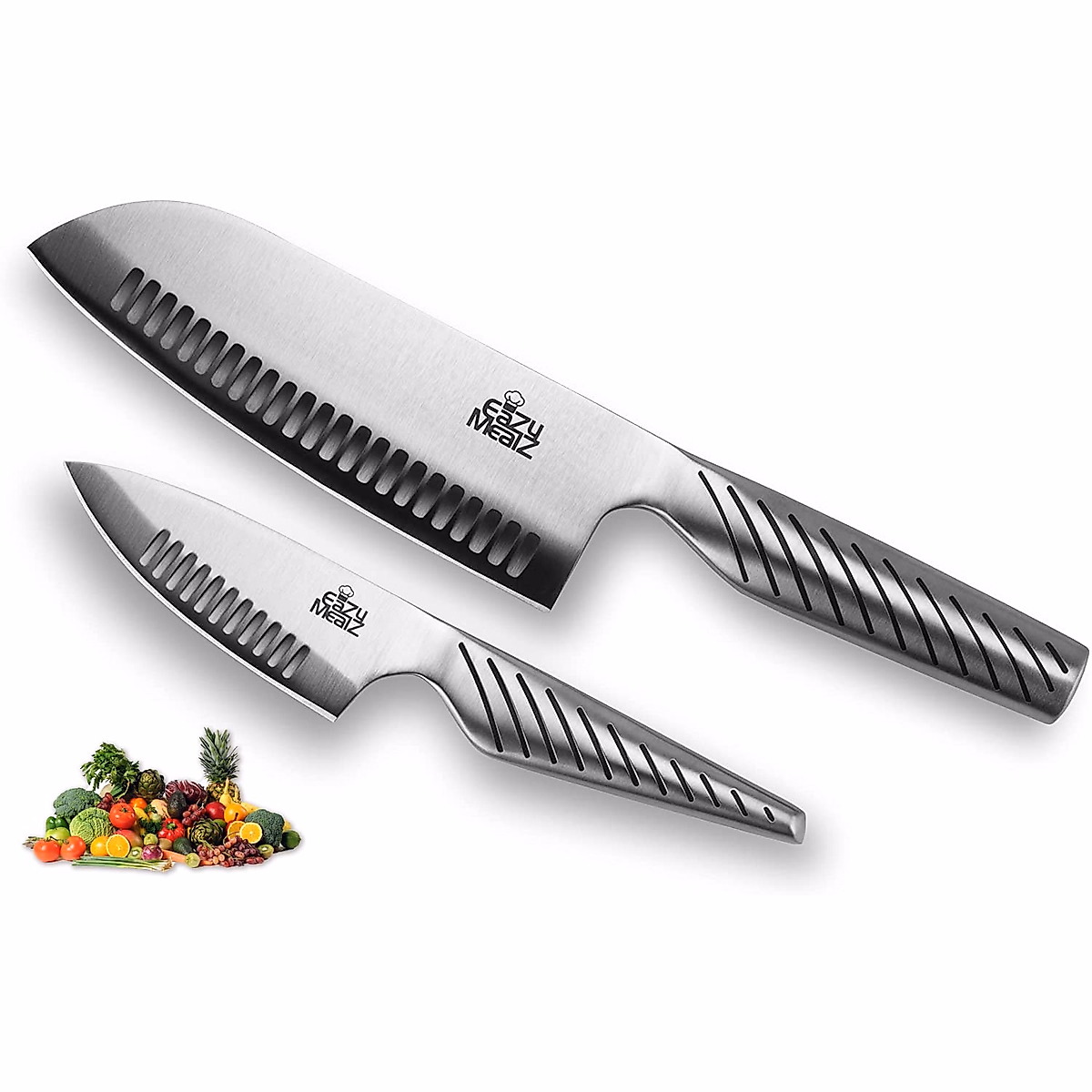 EaZy MealZ Super-Max Sharpness 2 Piece Knife Set | Stainless Steel | Non-Slip Comfort Grip | Professional Quality | All-Purpose | 7” Santoku & 4” Chef’s Knife