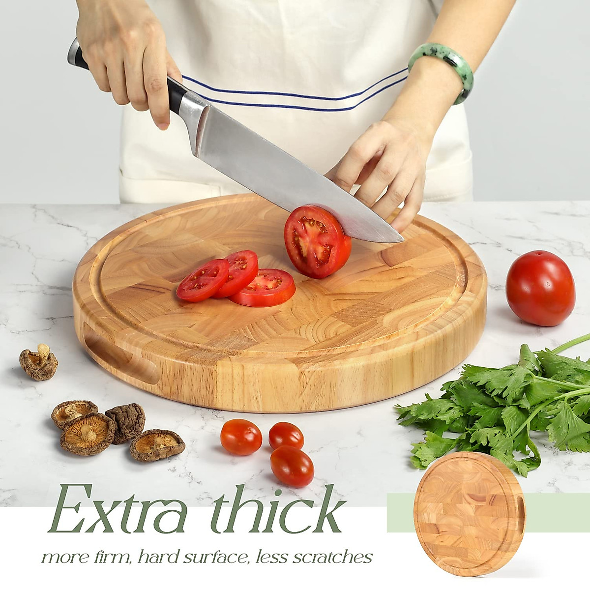 Wood Cutting Board (13in Round - 1.5in Thick) End Grain Cutting Board, Solid Wooden Butcher Block, Chopping Board For Kitchen with Juice Groove & Inner Handles One Size