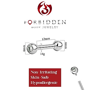 Forbidden Body Jewelry 14g 12mm Titanium Single CZ Crystal Top Barbell, 4mm Balls