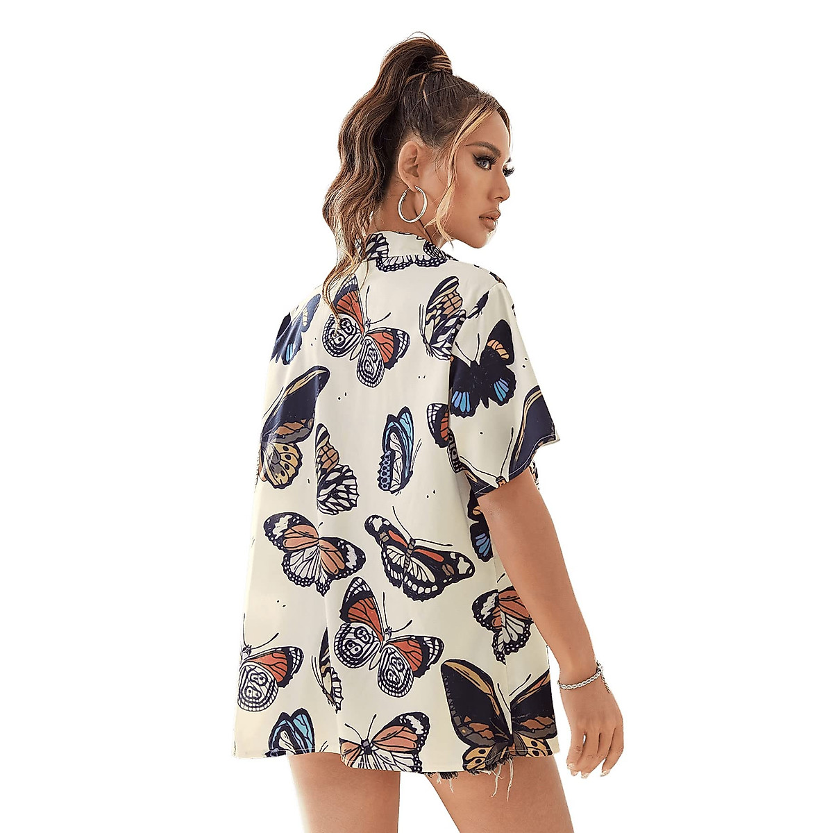 SweatyRocks Women's Short Sleeve Cute Print Button Down Shirt Tops Butterfly Beige L