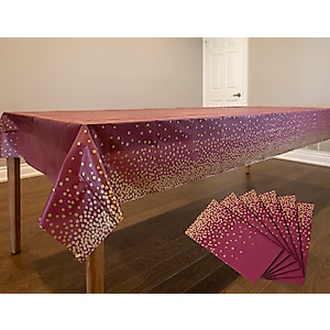 Neatiffy 54 x 108 Inch Rectangle Plastic Table Cloth Picnic/Camping/Birthday Party/Banquet Table Cover. Disposable/Reusable Tablecloths - Burgundy with Golden Dot