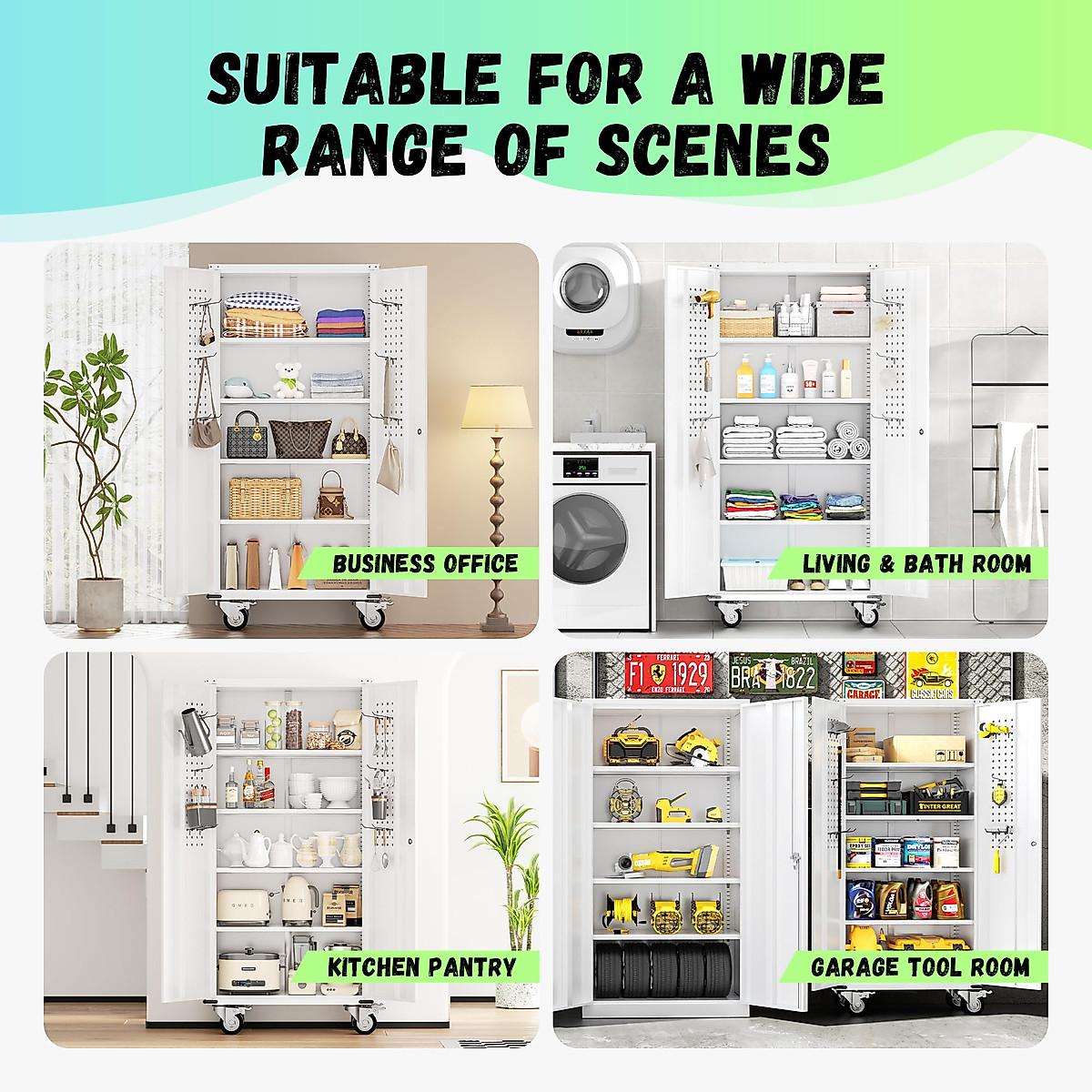 INTERGREAT 72" Metal Garage Storage Cabinet with Wheels, White Steel Locking Cabinet with 2 Adjustable Shelves and Doors, Rolling Metal Tool Cabinet for Home, Office, School, Garage