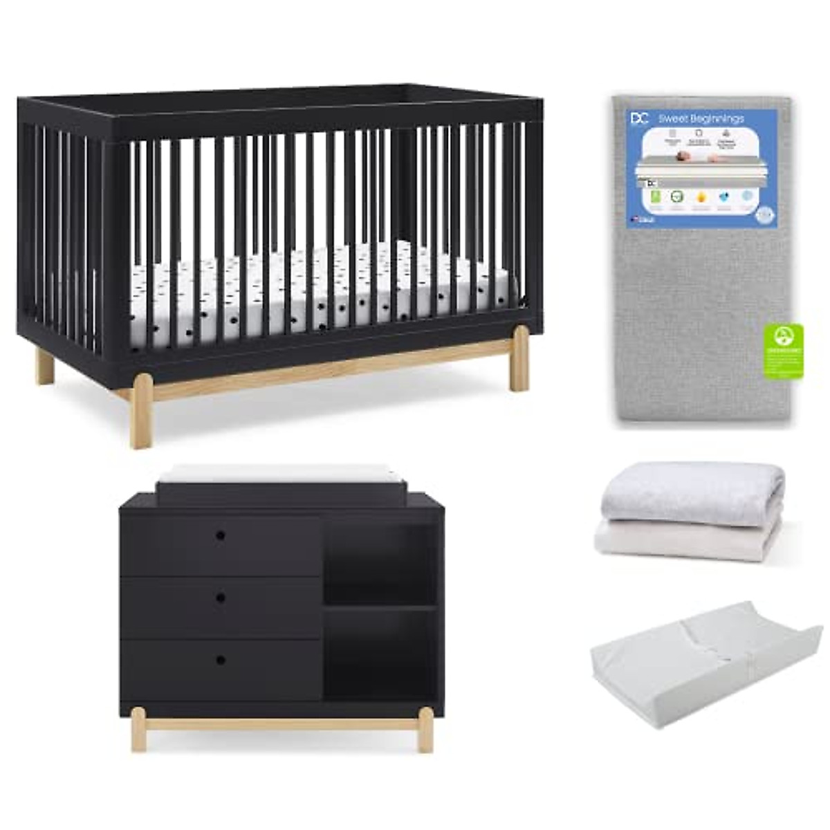 Delta Children Poppy Crib 6-Piece Baby Nursery Furniture Set–Includes: Convertible Crib, Dresser, Changing Top, Crib Mattress, Sheets, & Changing Pad, Midnight Grey w/Natural