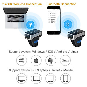 Bluetooth Ring Barcode Scanner, Sumicor Wearable Finger Bar Code Reader Portable Mnin Barcode 3-in-1 Bluetooth & 2.4Ghz Wireless & USB Work with iOS Android Windows Linux Mac OS
