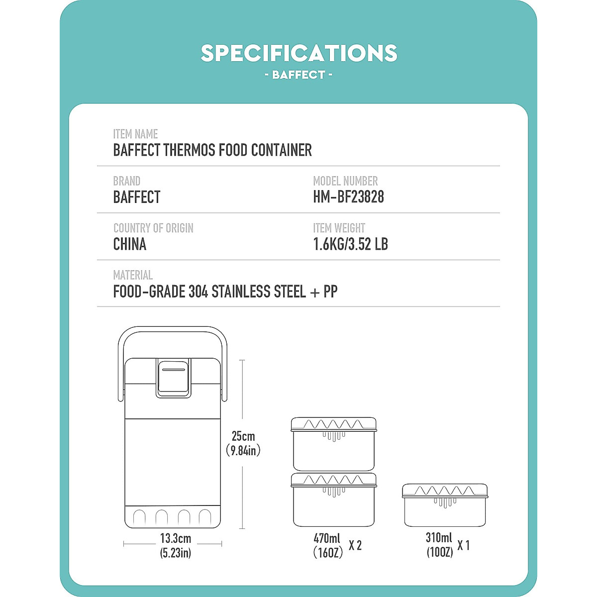 Baffect 67oz Thermos for Hot Food container 6 Hours, 3-Layer Stackable Food Thermal, Stainless Steel Vacuum Soup Insulated Food Jar, Leak-Proof Lunch Box for Office, School and Outdoor Picnic