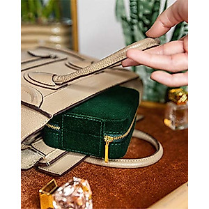 Plush Velvet Travel Jewelry Box Organizer | Travel Jewelry Case, Jewelry Travel Organizer | Small Jewelry Box for Women, Jewelry Travel Case | Earring Organizer with Mirror - Emerald Velvet