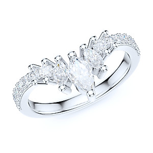 PRSTANI Sterling Silver Slight V Shaped Crown Simulated Marquise & Round Diamond Matching Ring Wedding Band (2.5)