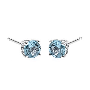 Gin & Grace women's 14K White Gold Genuine Aquamarine Earrings With Diamonds | Ethically, Authentically & Organically Sourced (Round-Cut) Shaped Stud Aquamarine Hand-Crafted Jewelry RD50E-AQ